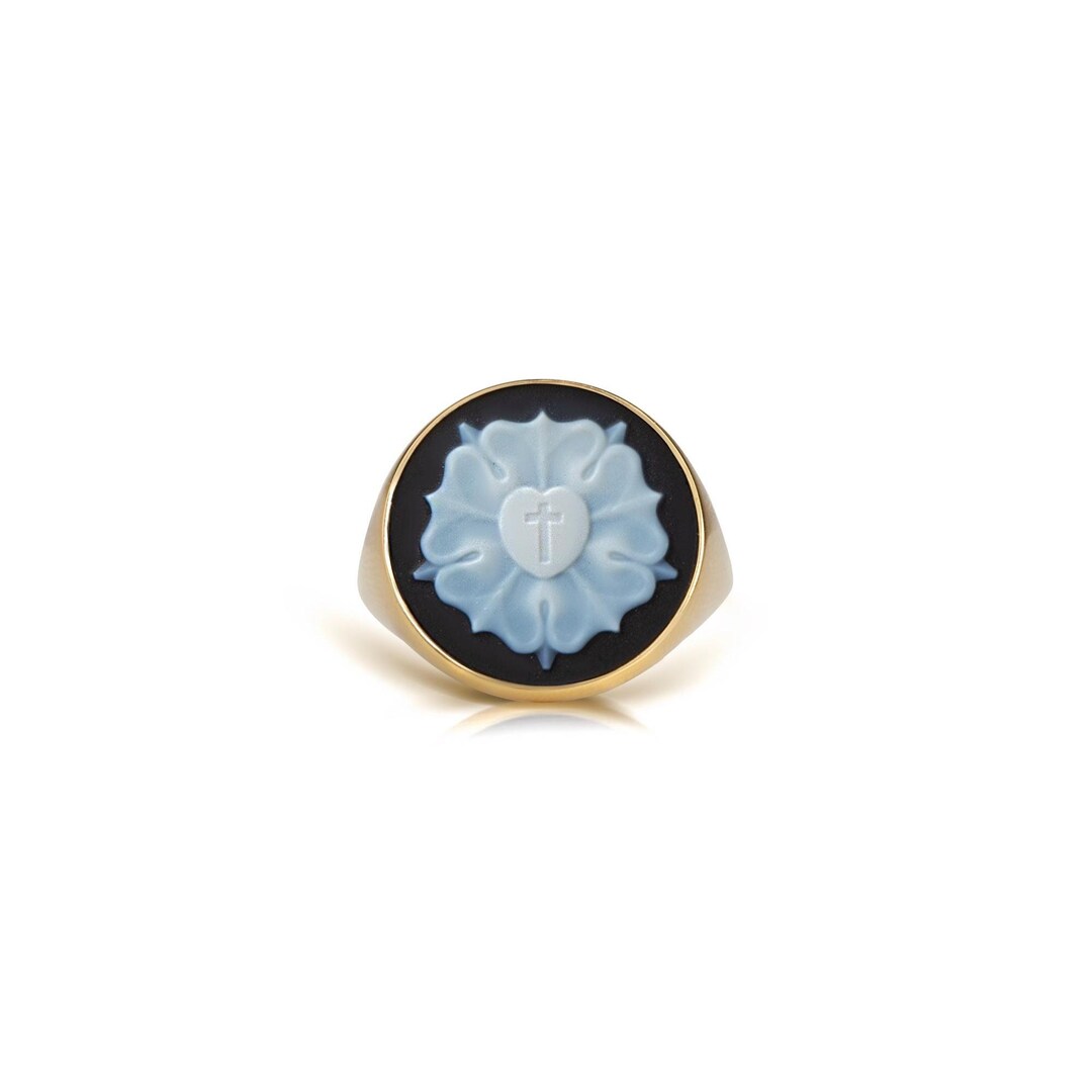 14K Gold Sardonyx Cameo Lutheranism Ring, Blue Sardonyx Signet Ring ...