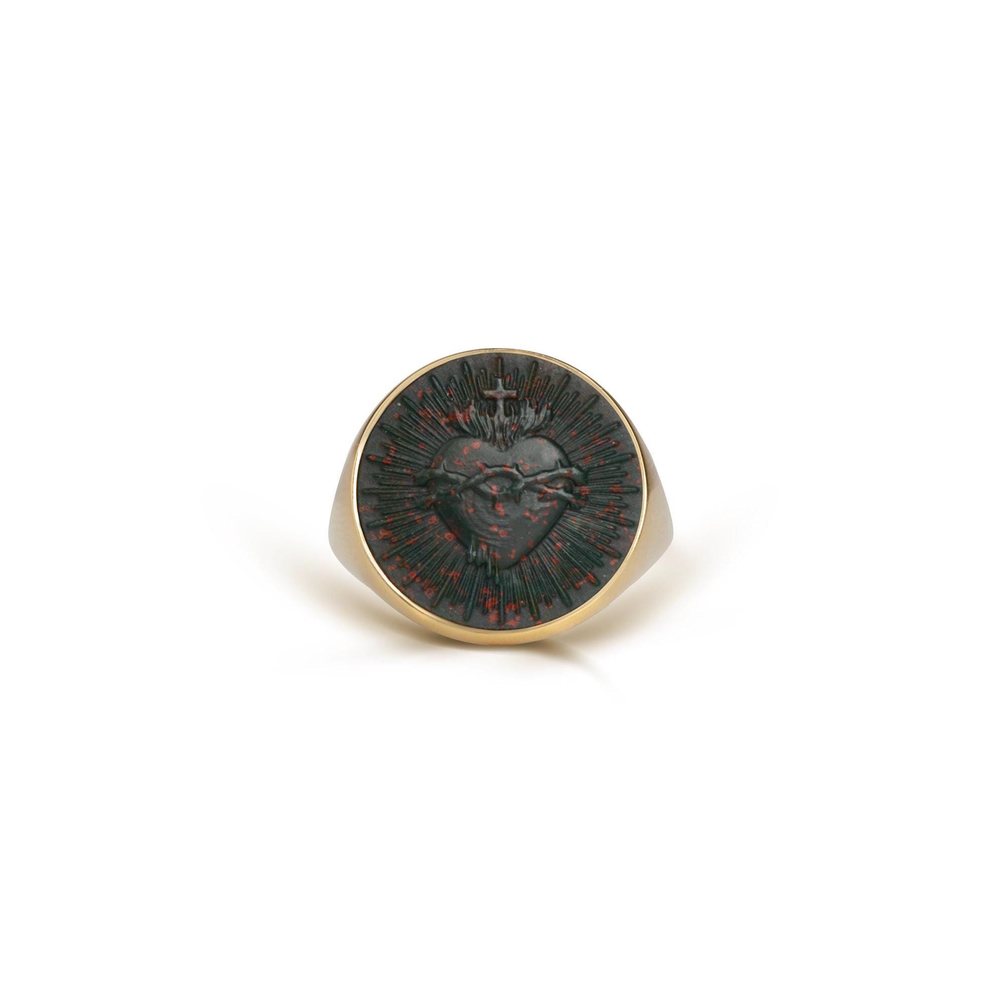 14K Gold Bloodstone Intaglio Sacred Heart Ring, Cameo Bloodstone Signet ...