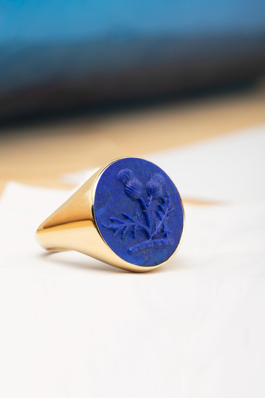 14K Gold Lapis Lazuli Intaglio Thistle Ring, Signet Ring for Men ...