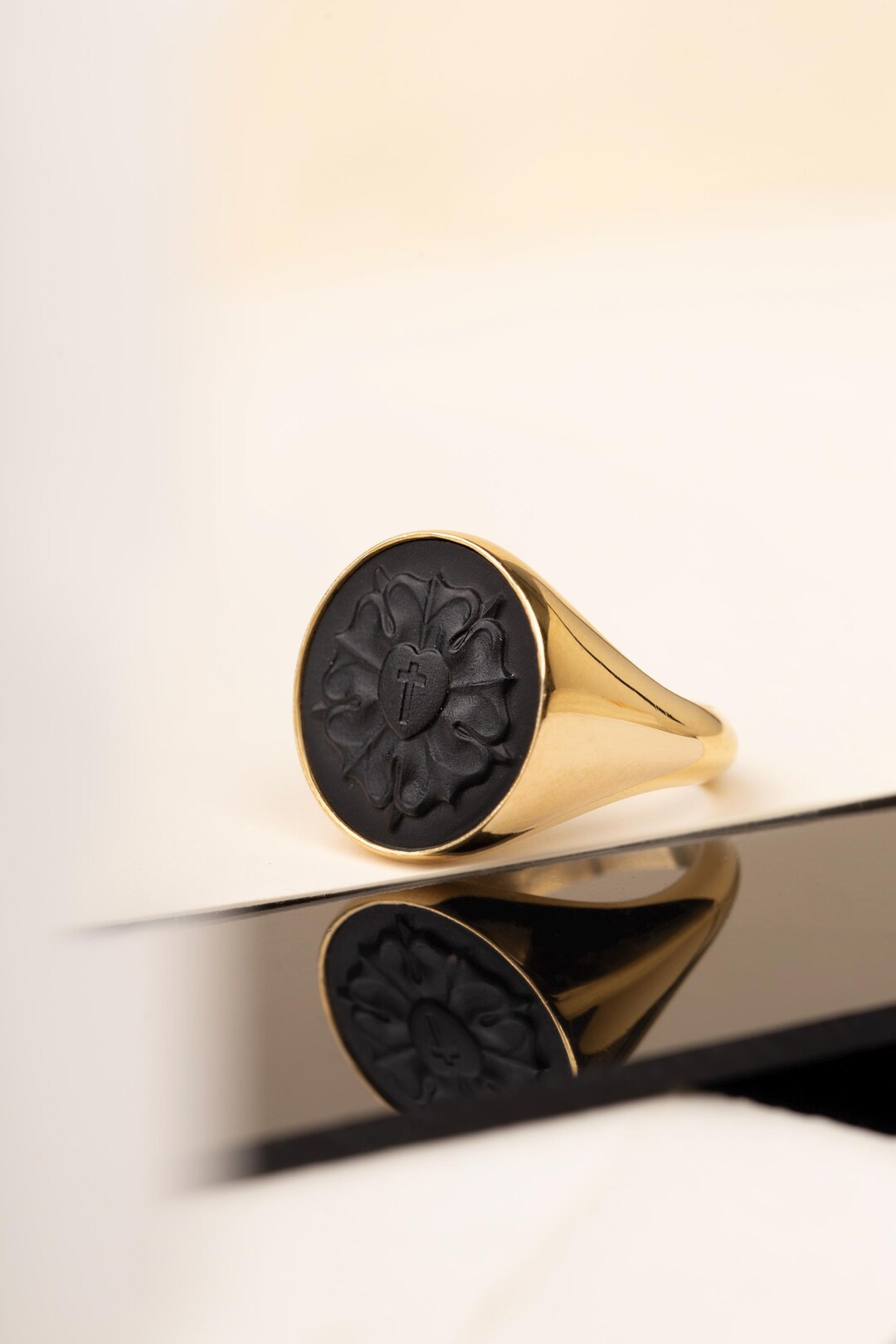 14K Solid Gold Onyx Intaglio Luther Rose Ring, Black Onyx Signet Ring ...