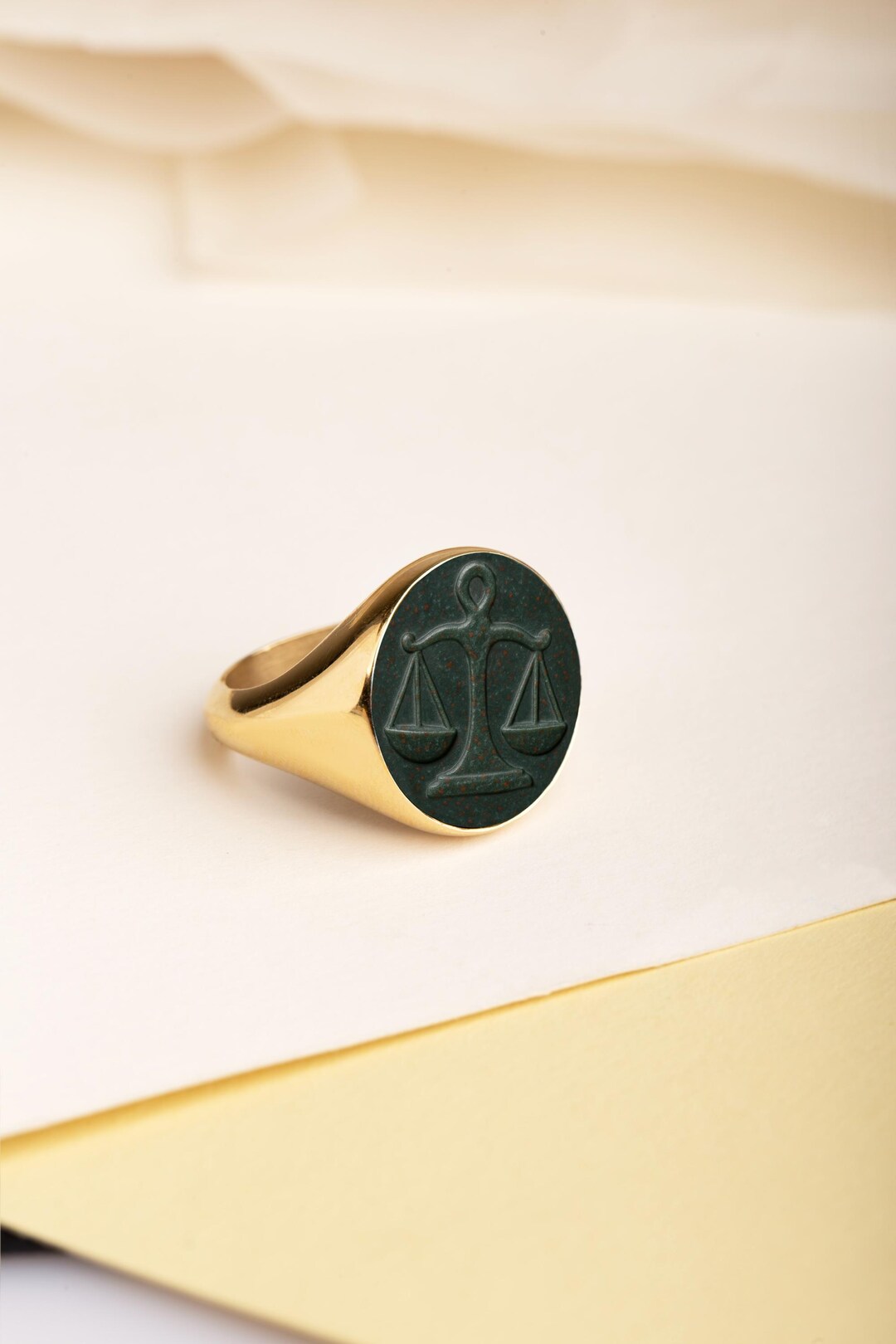 14K Gold Libra Zodiac Signet Ring, Scale Horoscope Ring, Bloodstone ...