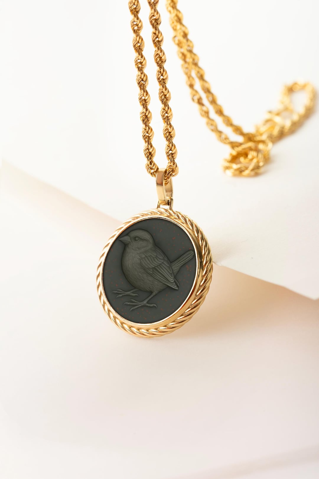 14K Gold Bloodstone Intaglio Sparrow Necklace, Custom Bird Jewelry ...