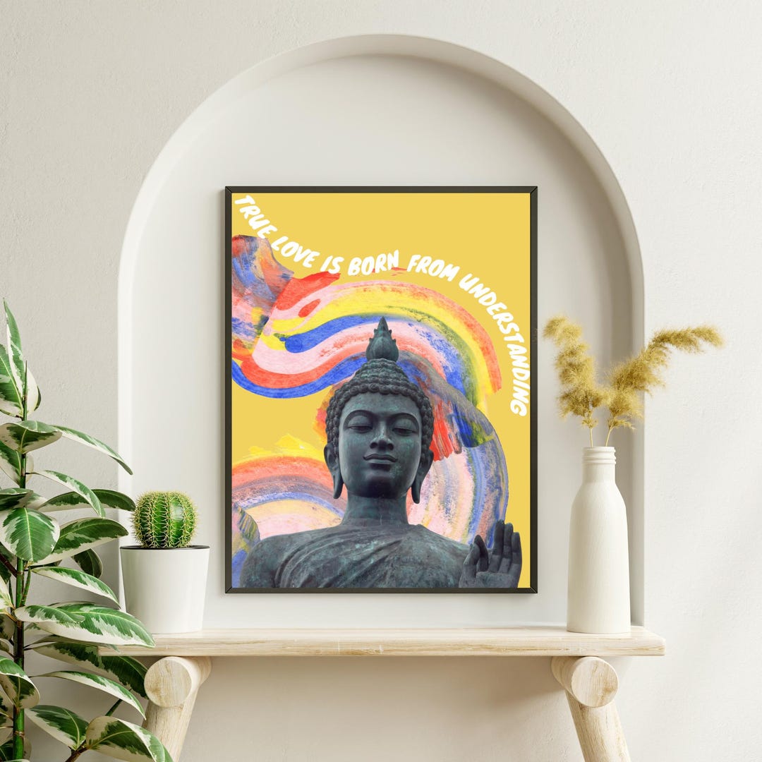 Digital Buddha Art on Yellow Background With Abstract Elements – Modern ...