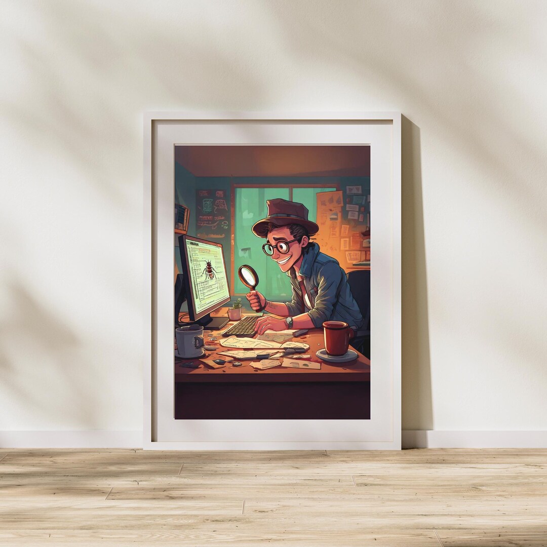 Funny Programmer Rolled Posters Office Chaos Cartoon Poster Computer Bug Hunt Wall Art