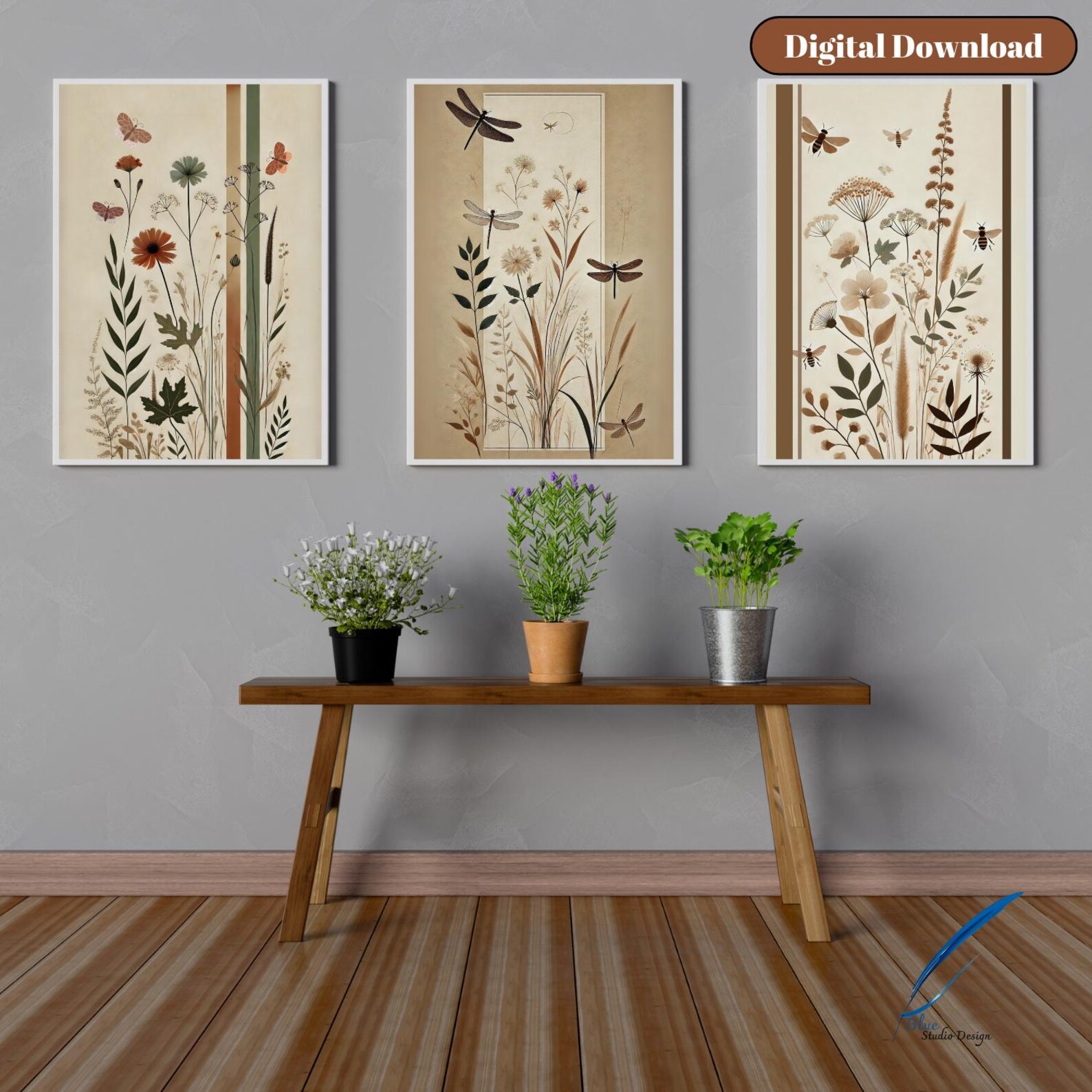 Set of 3 Wall Art: Boho Minimalist Floral and Insect Theme Art Prints ...