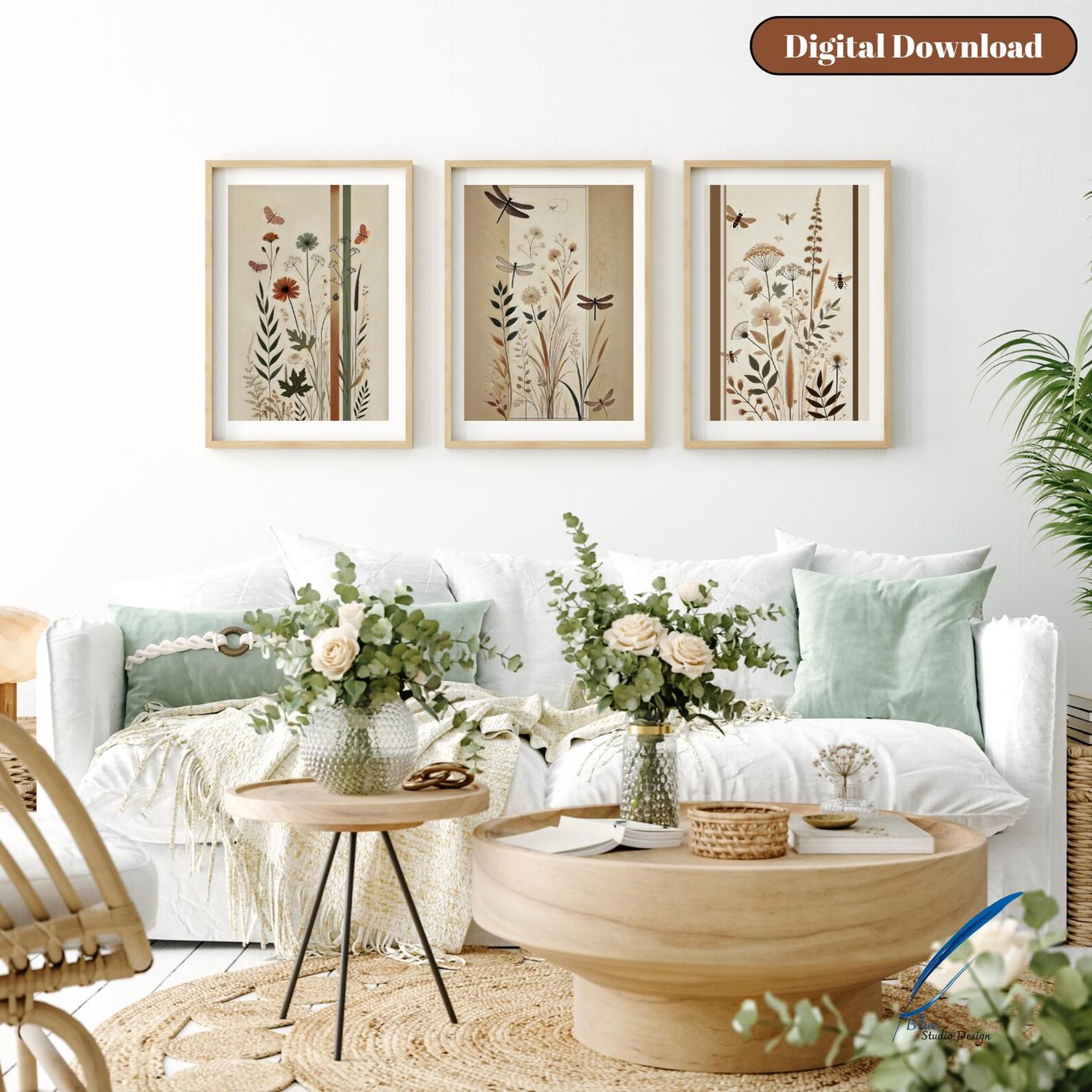 Set of 3 Wall Art: Boho Minimalist Floral and Insect Theme Art Prints ...