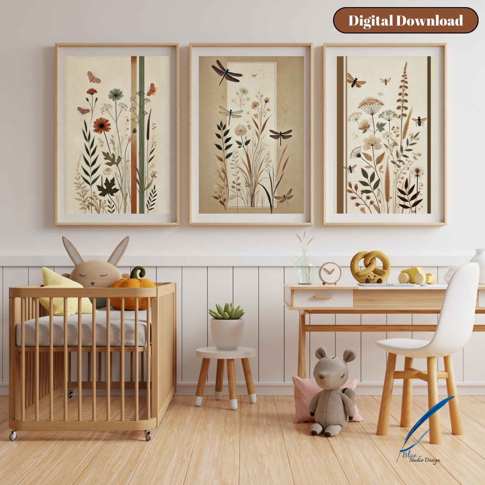 Set of 3 Wall Art: Boho Minimalist Floral and Insect Theme Art Prints ...