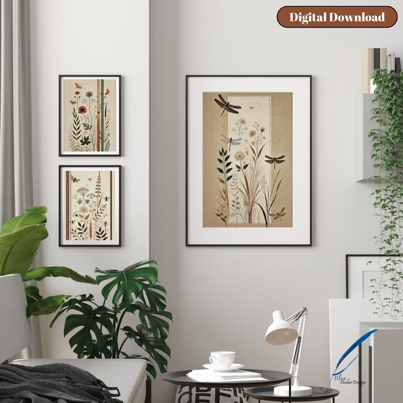 Set of 3 Wall Art: Boho Minimalist Floral and Insect Theme Art Prints ...