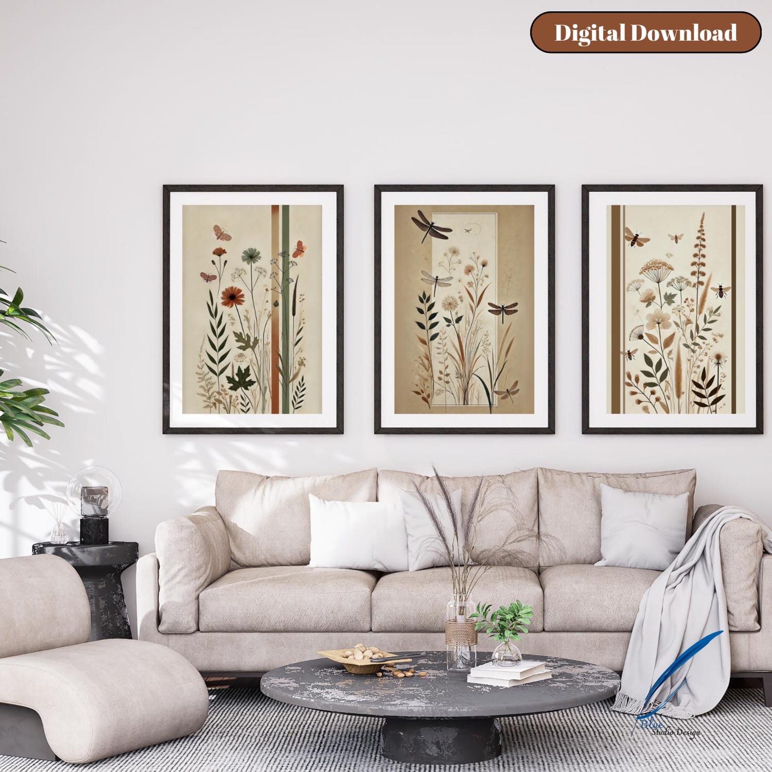 Set of 3 Wall Art: Boho Minimalist Floral and Insect Theme Art Prints ...