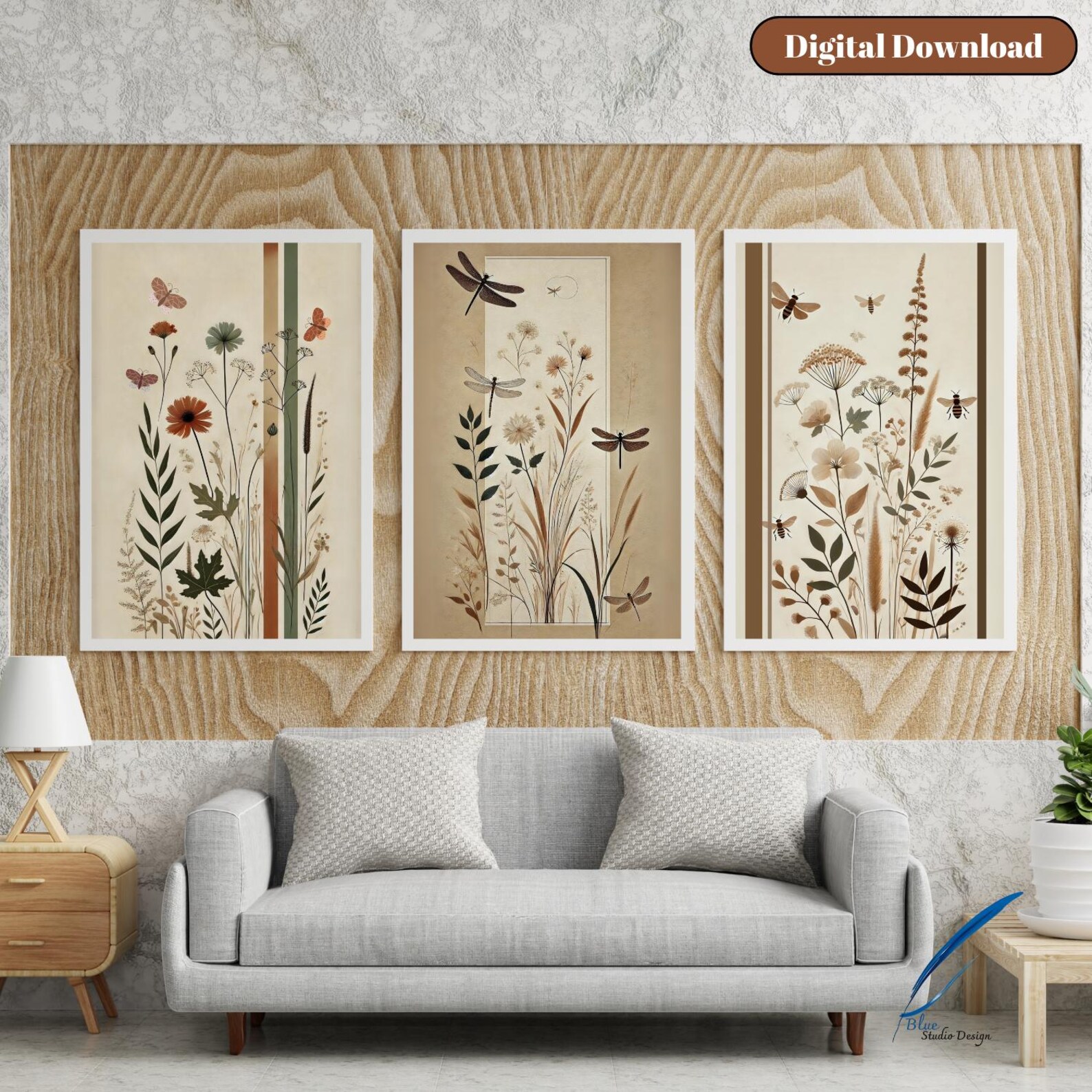 Set of 3 Wall Art: Boho Minimalist Floral and Insect Theme Art Prints ...