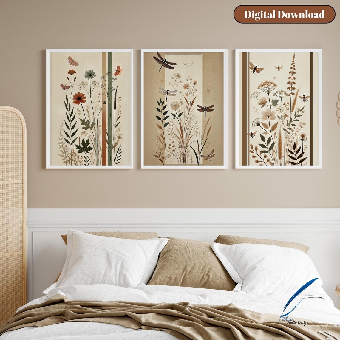 Set of 3 Wall Art: Boho Minimalist Floral and Insect Theme Art Prints ...