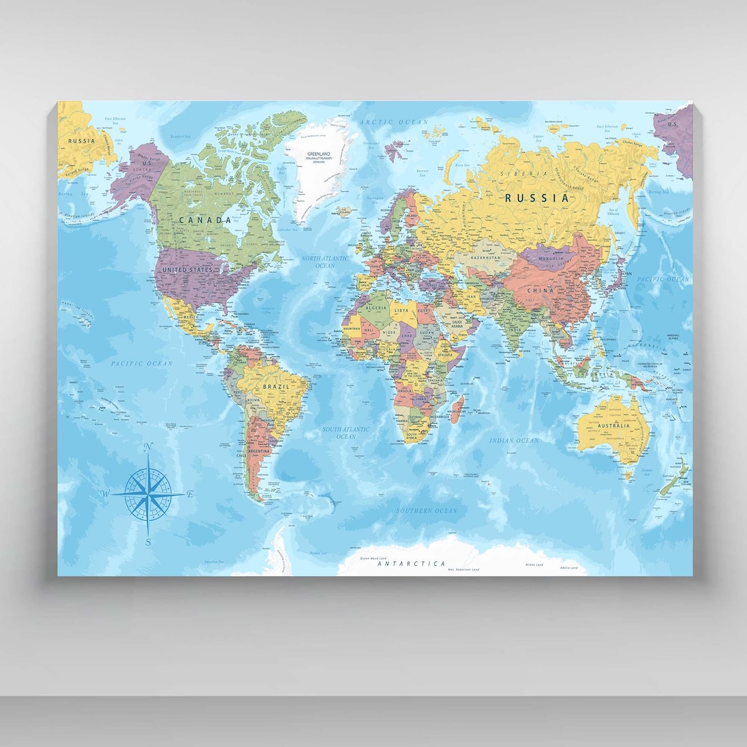 World Map Canvas, Large Wall Art, Travel Map, Educational Decor, Office ...