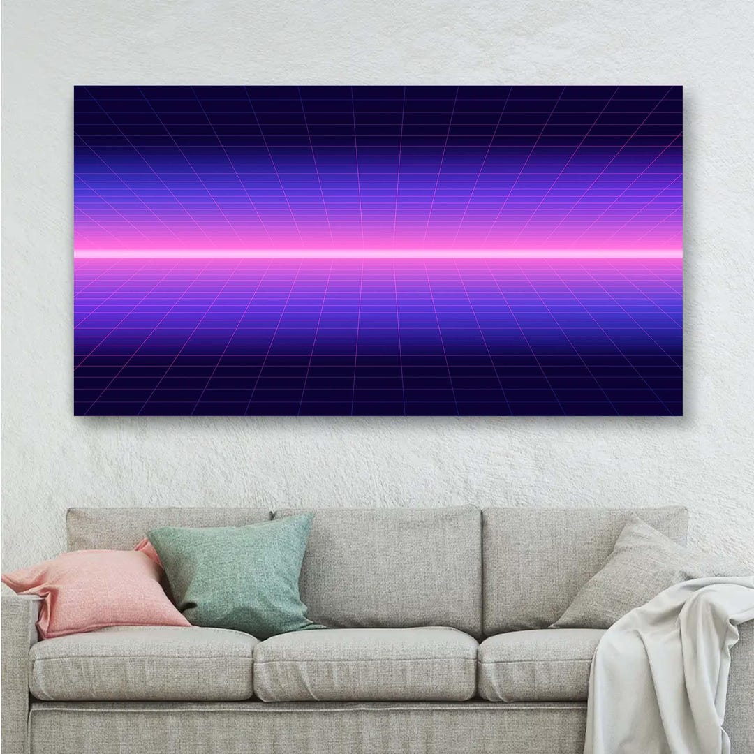 Retro Futuristic Canvas, Vaporwave Grid Art, Synthwave Wall Decor, 80s ...