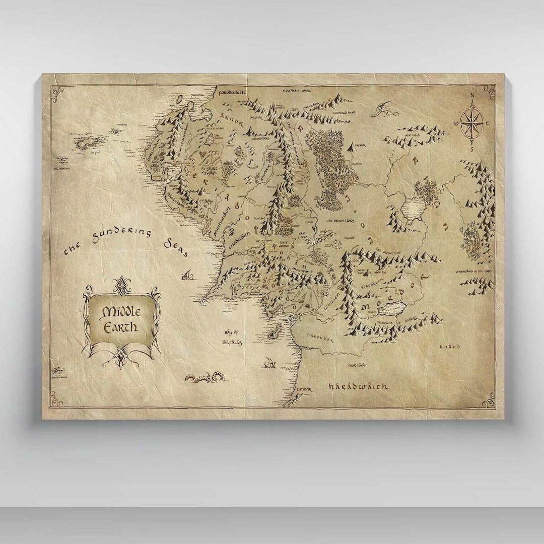 Middle Earth Map Canvas, Lord of the Rings, Tolkien Fantasy Decor ...