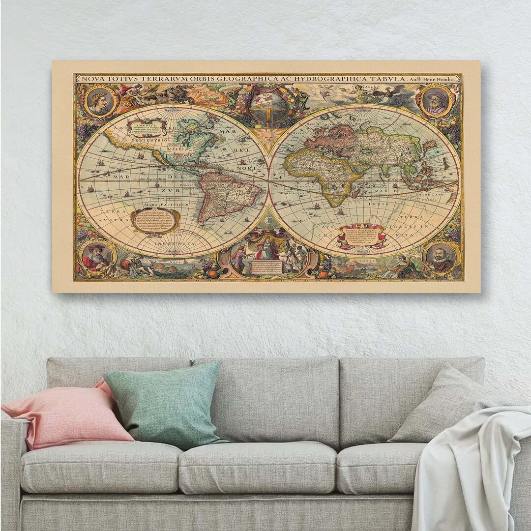 Antique Look World Map Canvas, Cartography, Historical Geographic, Old ...