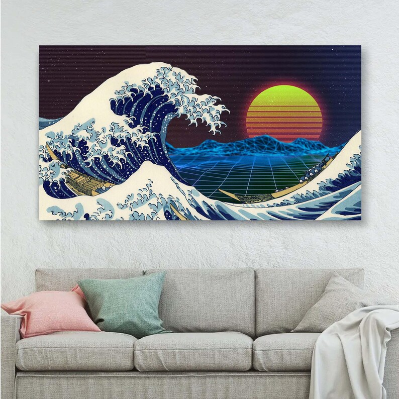 Retro Wave Art, Cyberpunk Wall Print, the Great Wave Kanagawa Poster ...