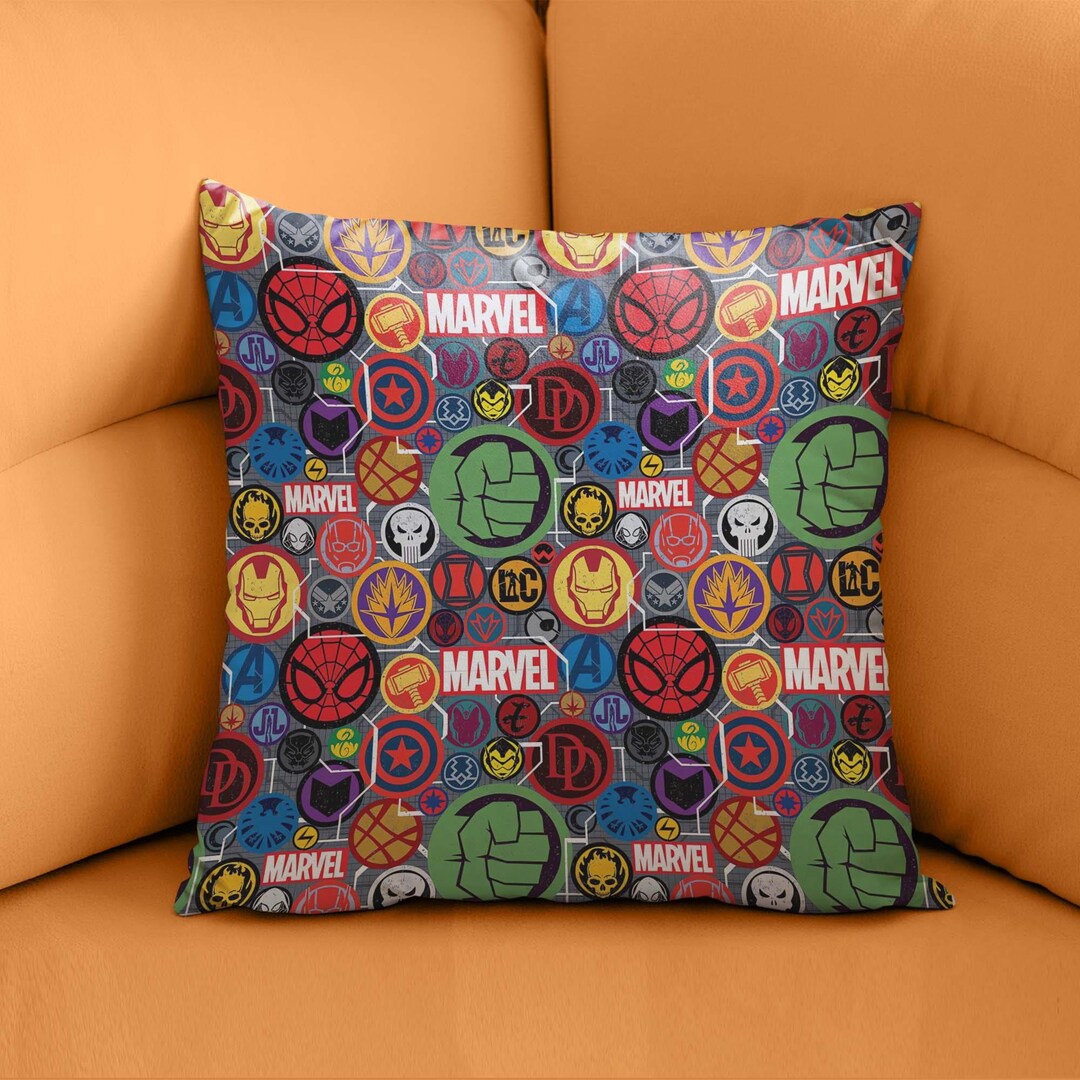 Superhero Collage Pillow Cover, Superhero Symbols, Heroes, Iron Man ...