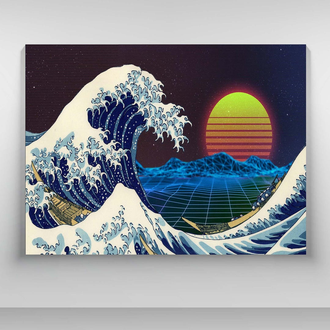 Retro Wave Art, Cyberpunk Wall Print, the Great Wave Kanagawa Poster ...