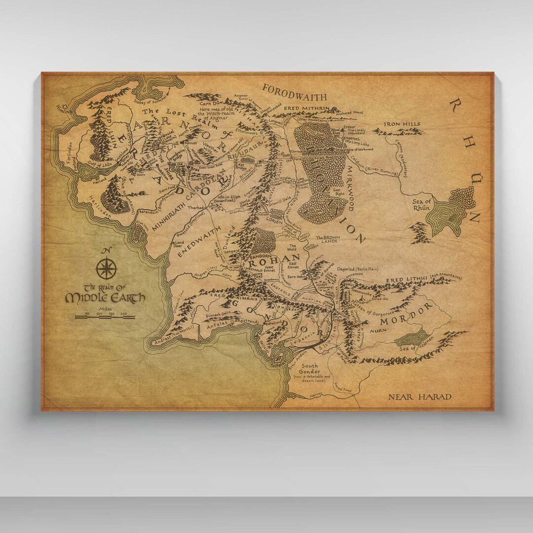 Middle Earth Map Canvas, Lord of the Rings Decor, Fantasy World Map ...