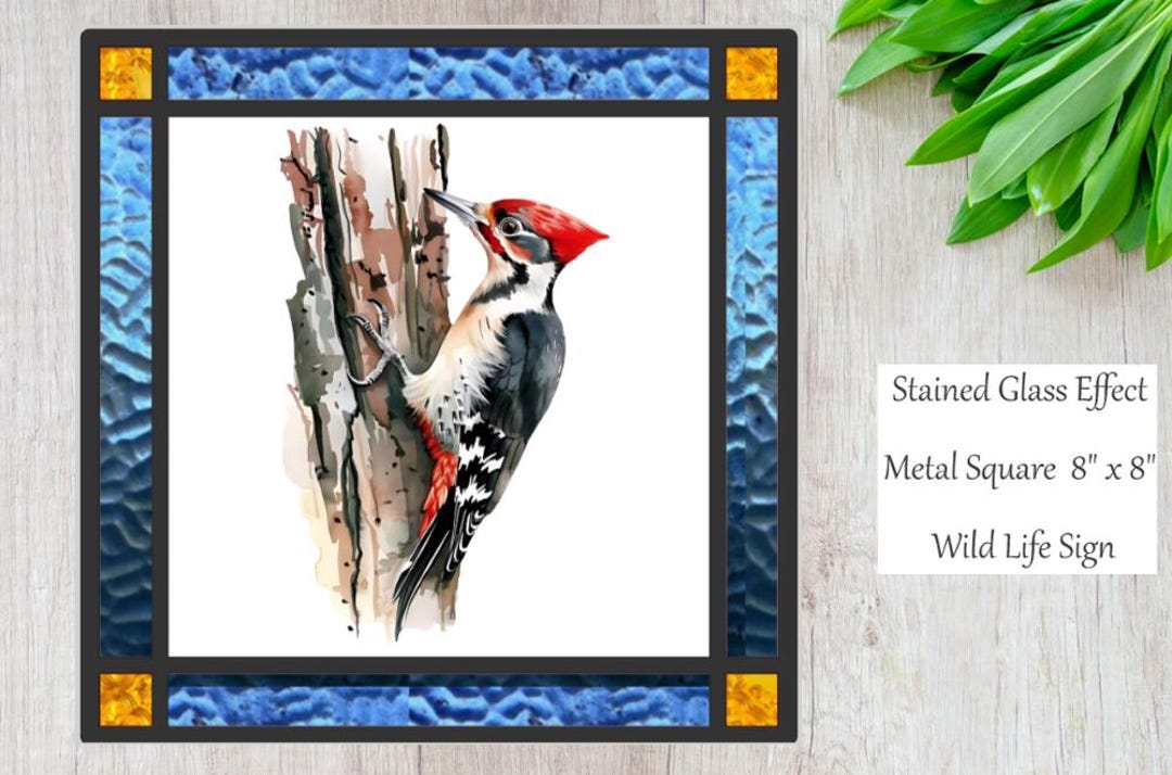 Woodpecker on A Stained Glass Effect - Metal Square 8" X 8" Wild Life ...