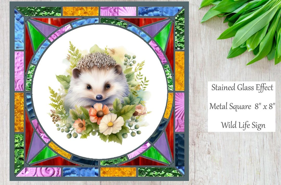 Stained Glass Effect Hedgehog on A Metal Square 8" X 8" Wild Life Sign ...
