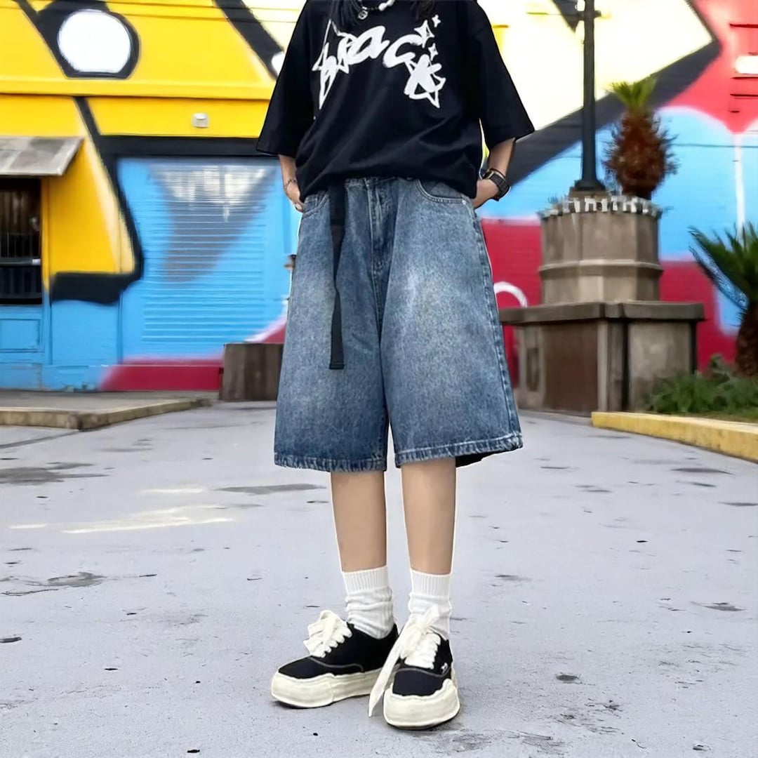 Y2K Baggy Jean Shorts With Belt – Vintage Wide Leg Denim, Washed ...
