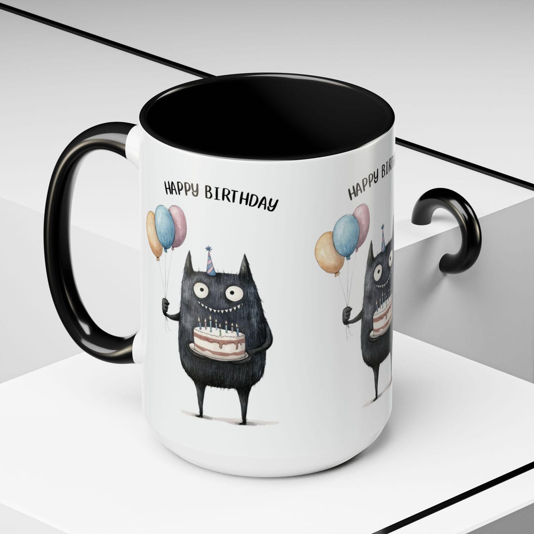 Happy Birthday Mug, Scary Monster Cup, Minimalist Cartoon, HBD Gift ...