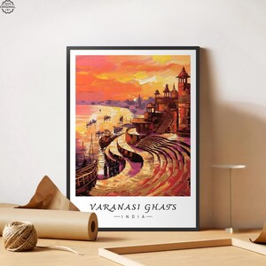 Varanasi Ghats Wall Art, Ganges River Sunset Poster, Hand-painted India ...