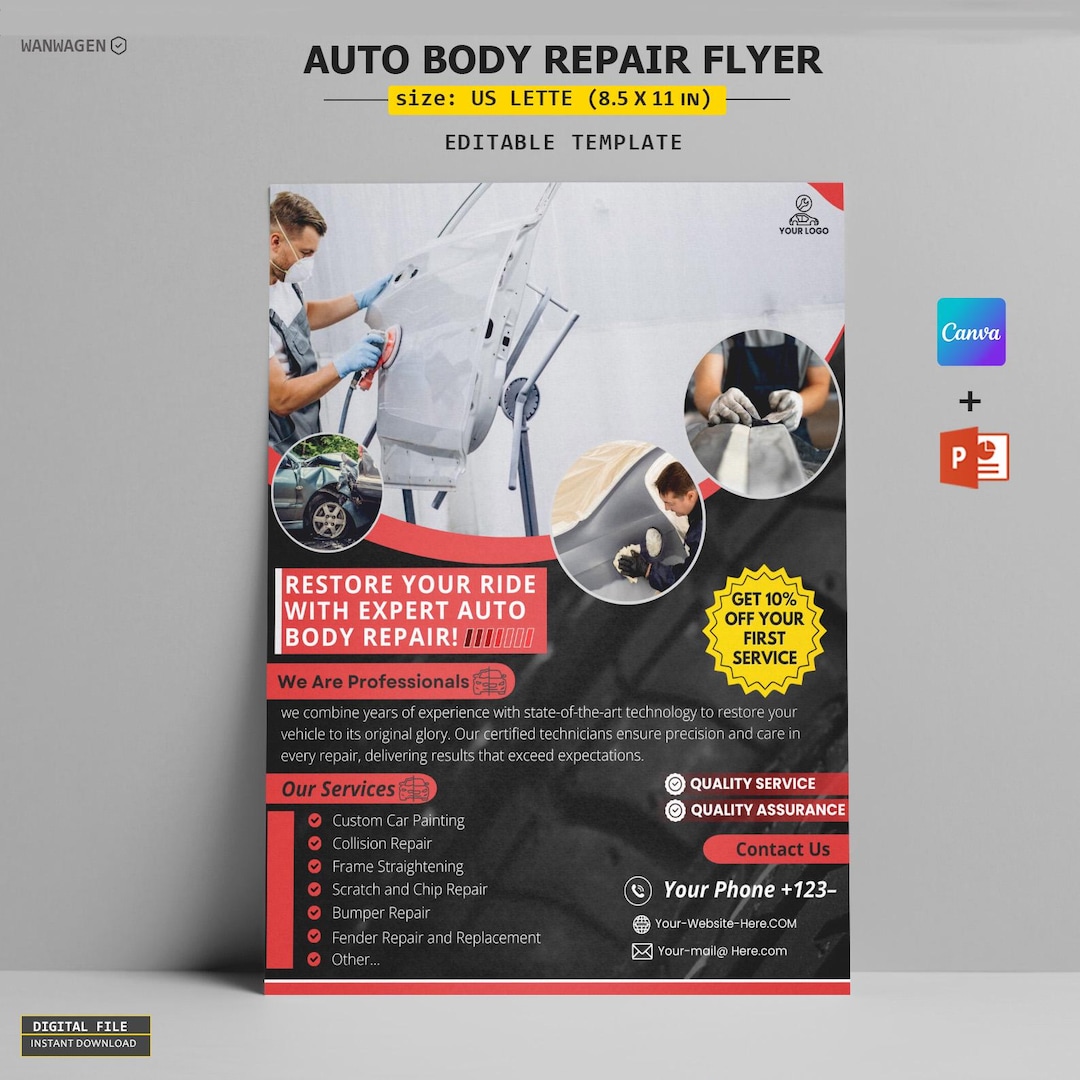 Auto Body Repair Flyer - Editable Car Body Repair Flyer Canva Template ...
