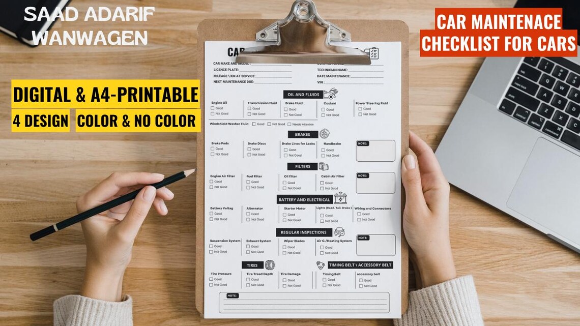 Car Maintenance Checklist | Editable Vehicle Maintenance Log | A4 ...