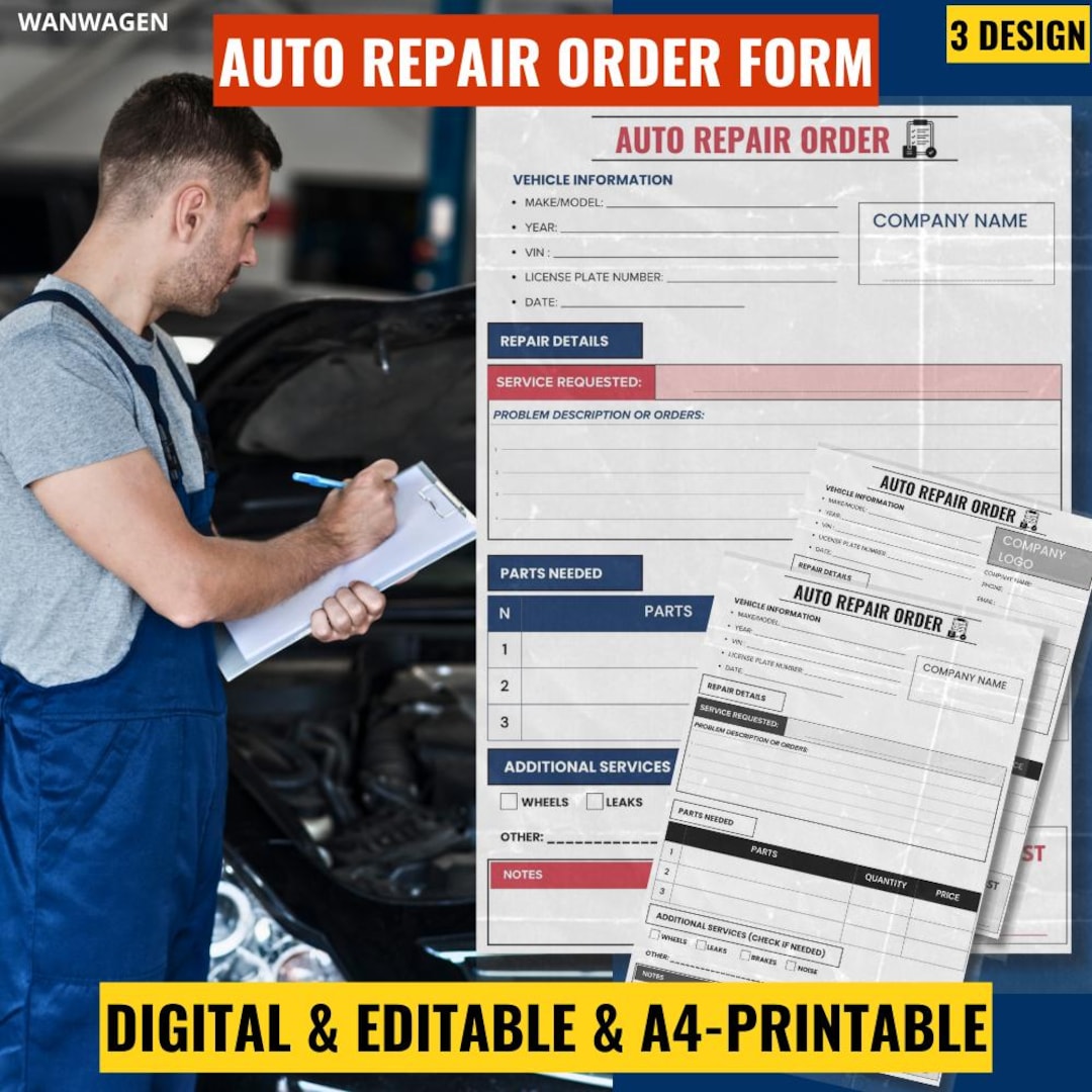 Auto Repair Order Form | Workshop Car Service Order | Editable Car ...