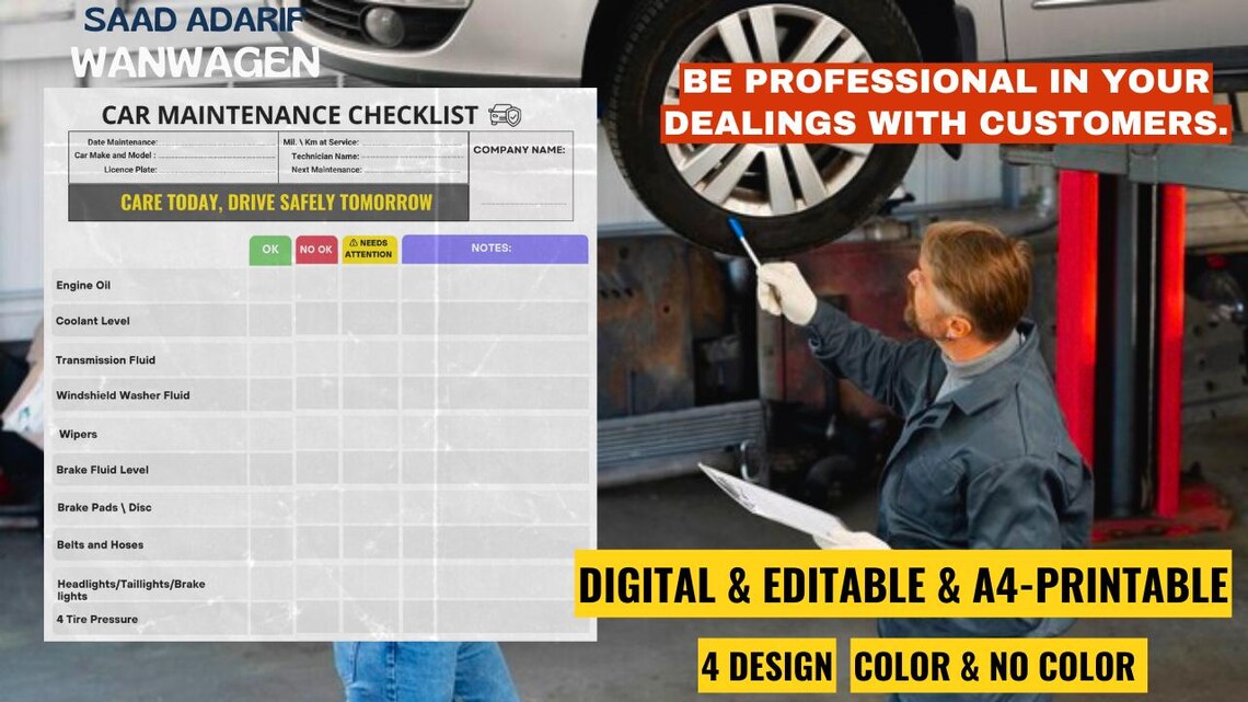 Car Maintenance Checklist | Editable Vehicle Maintenance Log | A4 ...