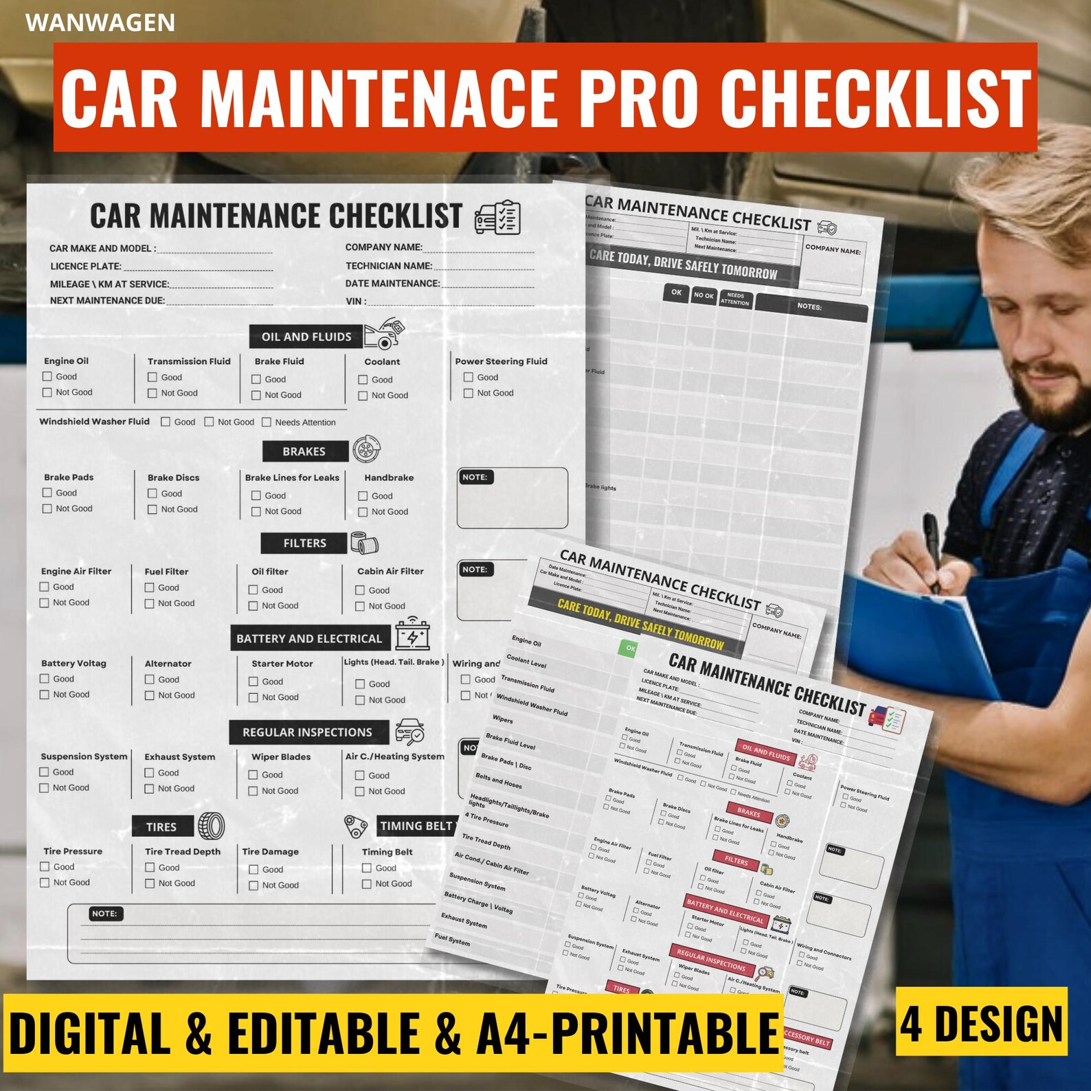 Car Maintenance Checklist | Editable Vehicle Maintenance Log | A4 ...
