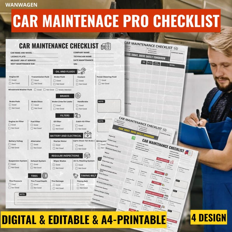Car Maintenance Checklist | Editable Vehicle Maintenance Log | A4 ...