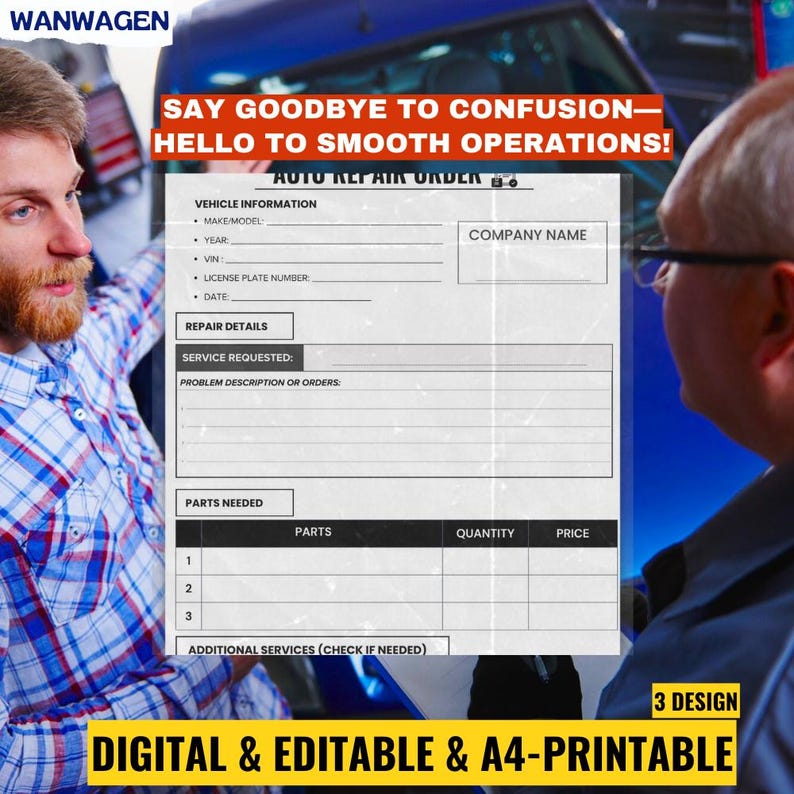 Auto Repair Order Form Workshop Car Service Order Editable and A4 ...