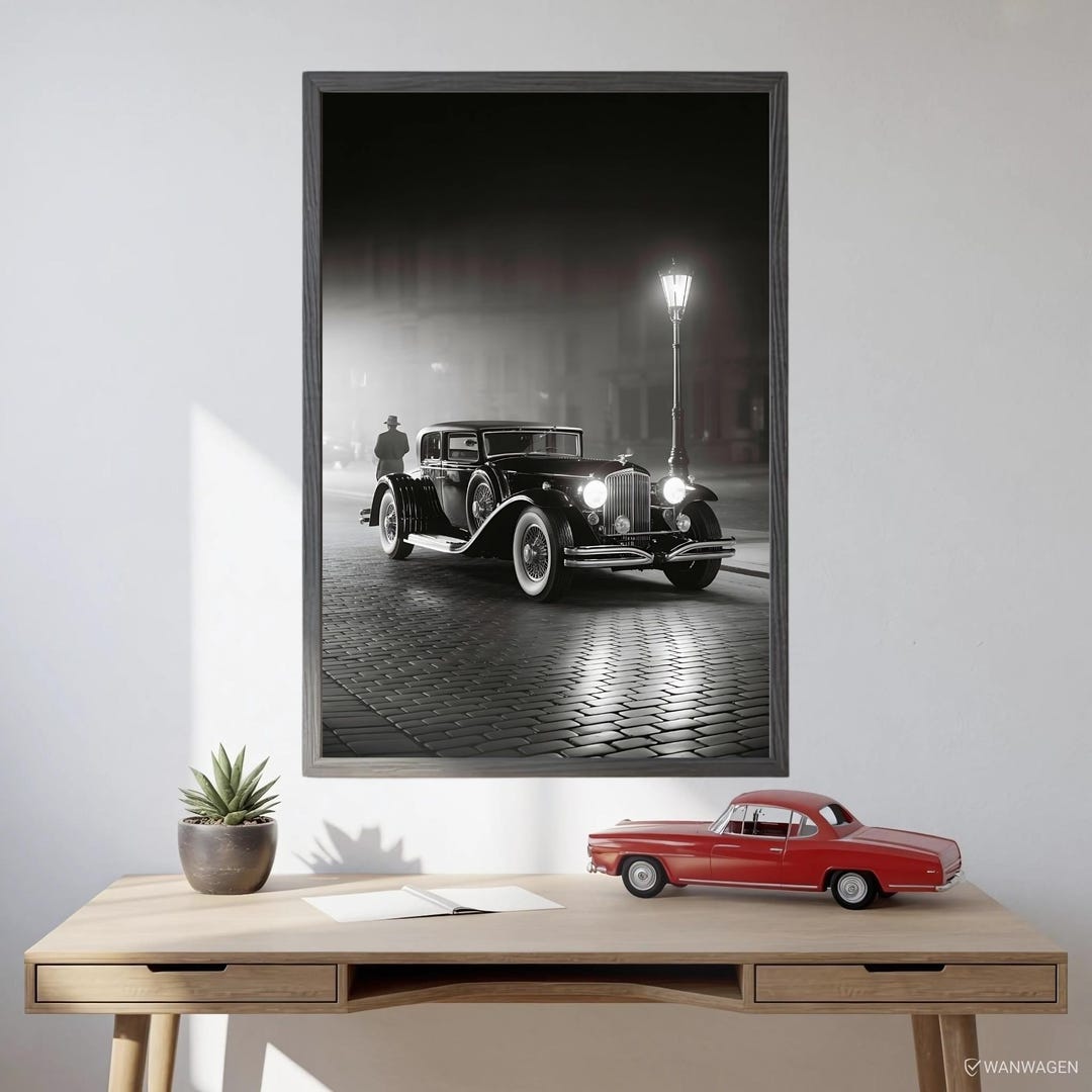 Black and White Classic Car Night Scene – Noir Vintage Auto Wall Art ...