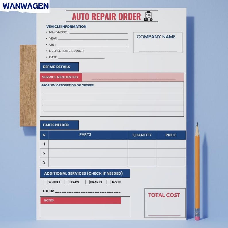 Auto Repair Order Form | Workshop Car Service Order | Editable Car ...