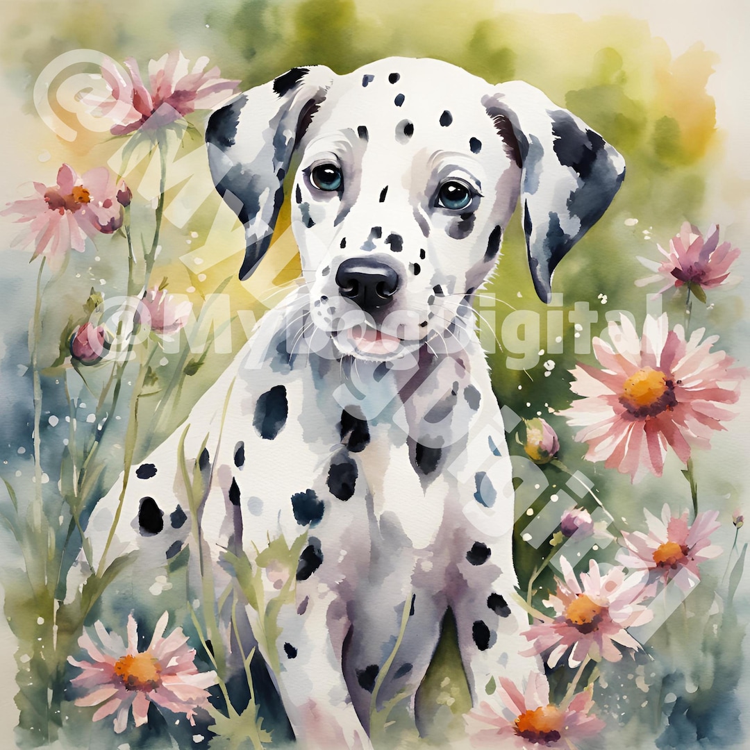 6 Dalmatian Puppy Flower Field DIGITAL DOWNLOAD Cute Dog Art Printable ...
