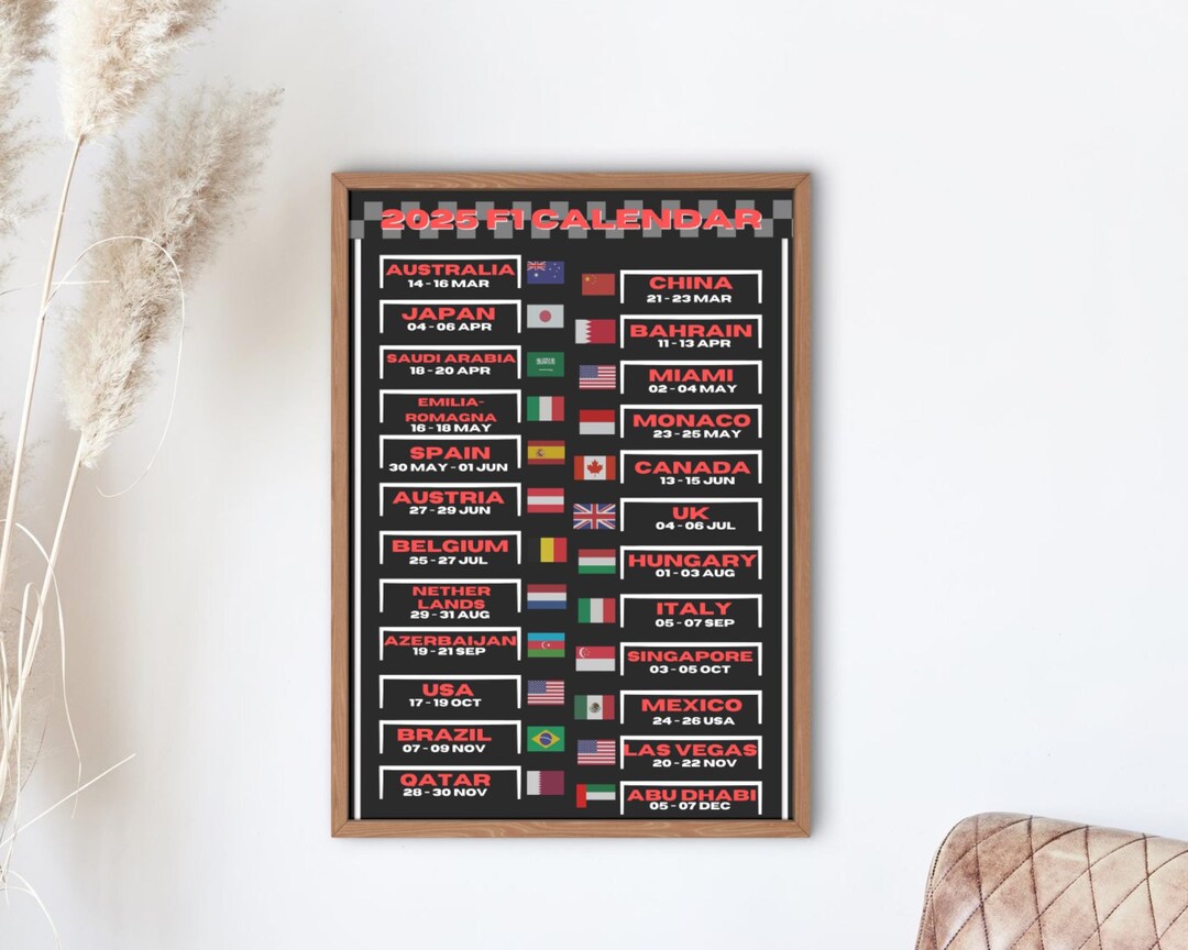Formula One Calendar Poster 2025, F1 Grid Wall Art, Race Track Print ...