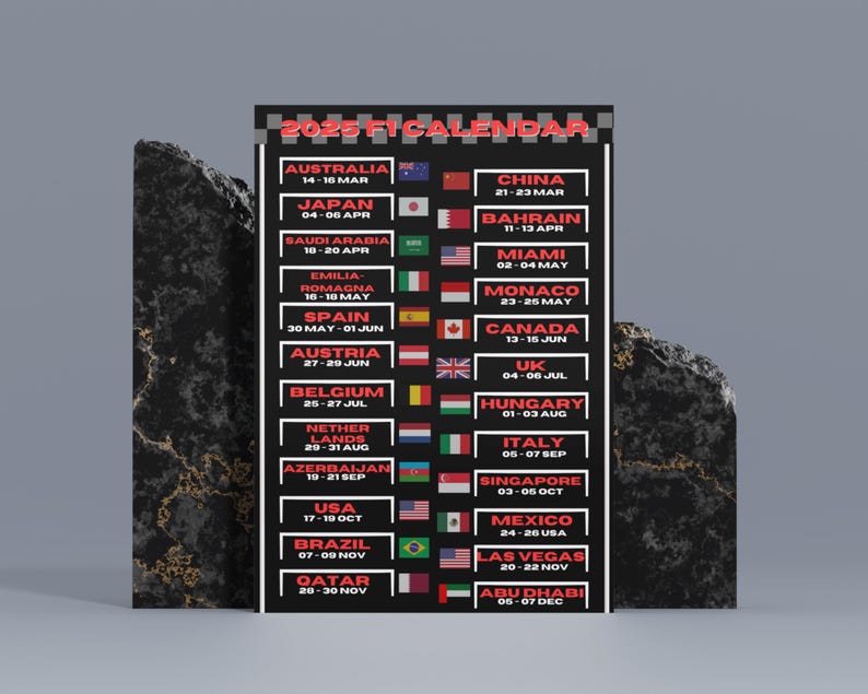 Formula One Calendar Poster 2025, F1 Grid Wall Art, Race Track Print ...