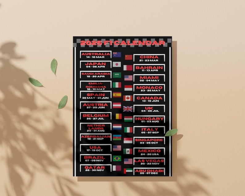 Formula One Calendar Poster 2025, F1 Grid Wall Art, Race Track Print ...