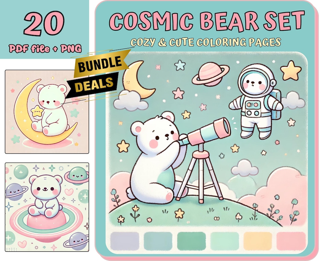 Coloring, Bear Coloring, Digital Coloring Book, Kawaii Cozy Coloring ...