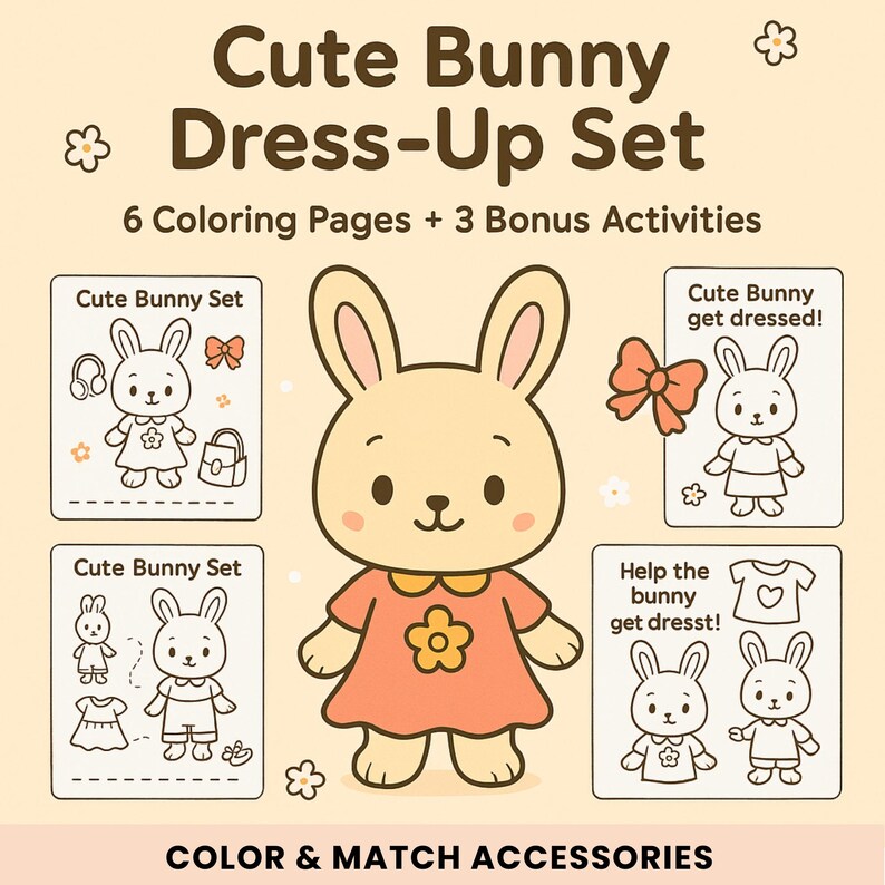 Cute Bunny Dress-up Coloring Pages, 6 Printable Sheets + 3 Bonus ...