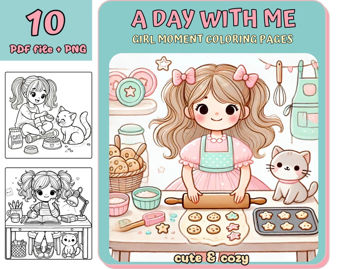 Kawaii Girl Coloring Book: Cozy Moments Printable (PDF & PNG) - Etsy