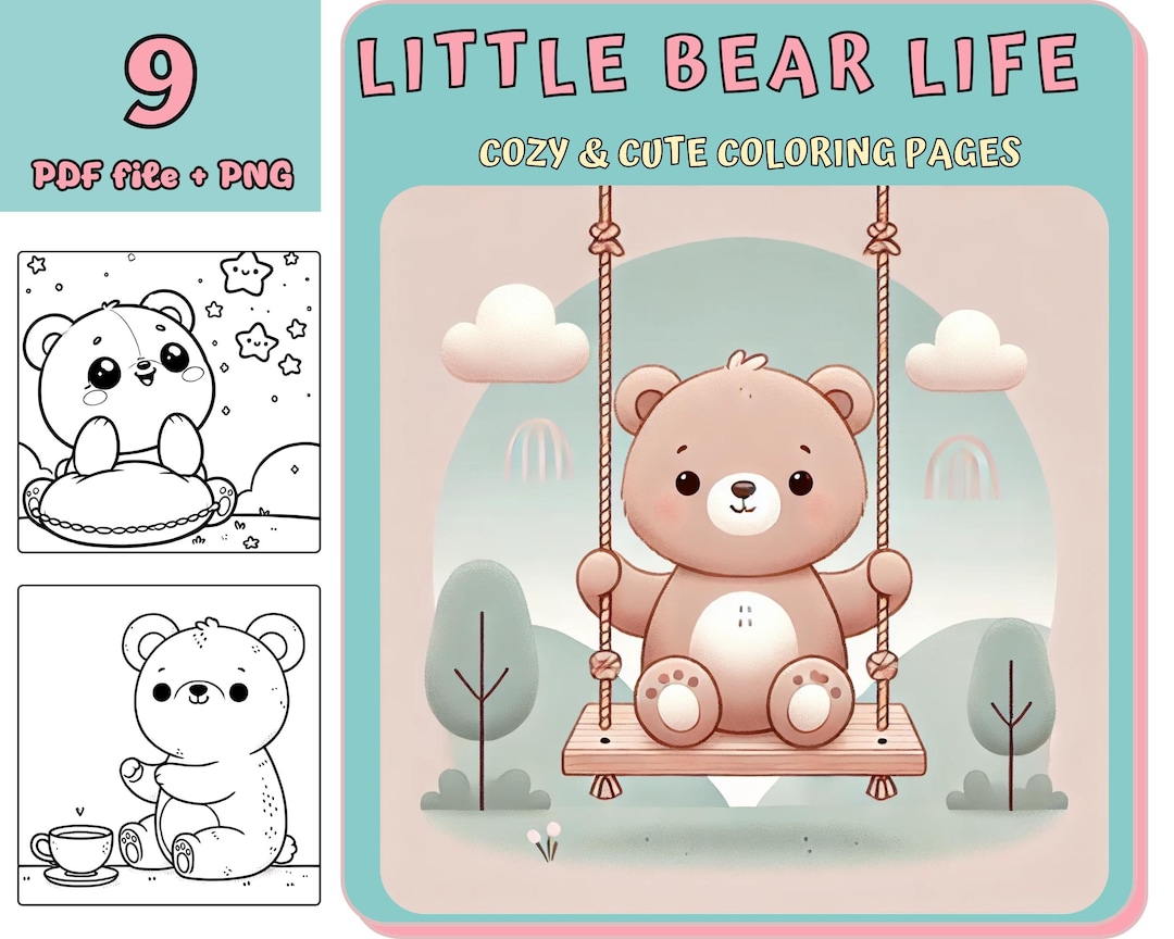 Coloring, Bear Coloring, Digital Coloring Book, Kawaii Cozy Coloring ...