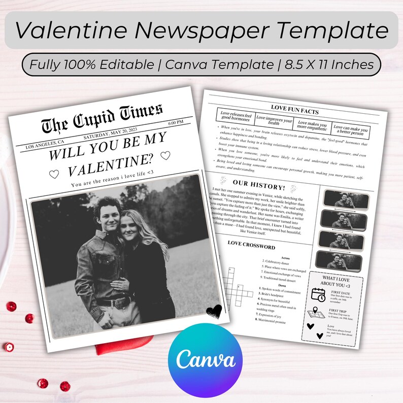 Custom Valentines Day Newspaper Template, Canva Valentines Newspaper ...