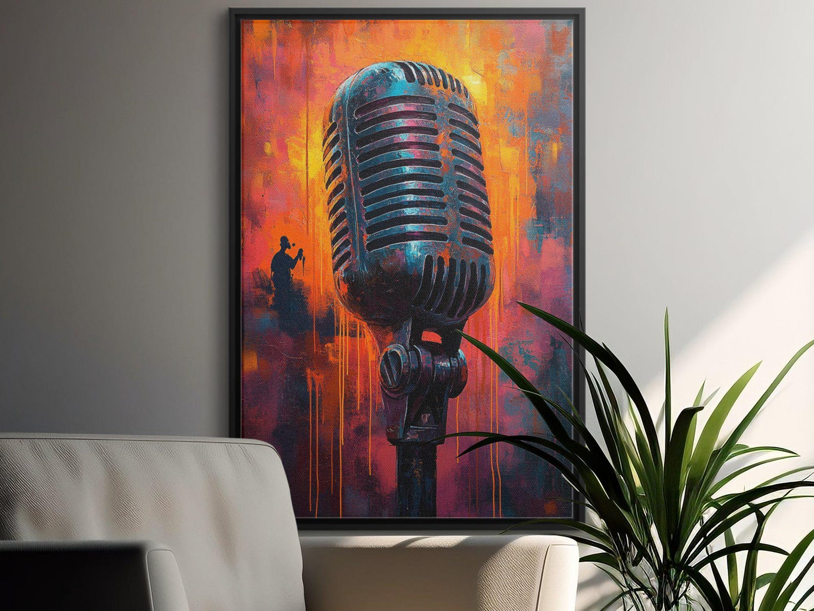 Retro Microphone Wall Art Print or Stretched Canvas, Vibrant Music ...