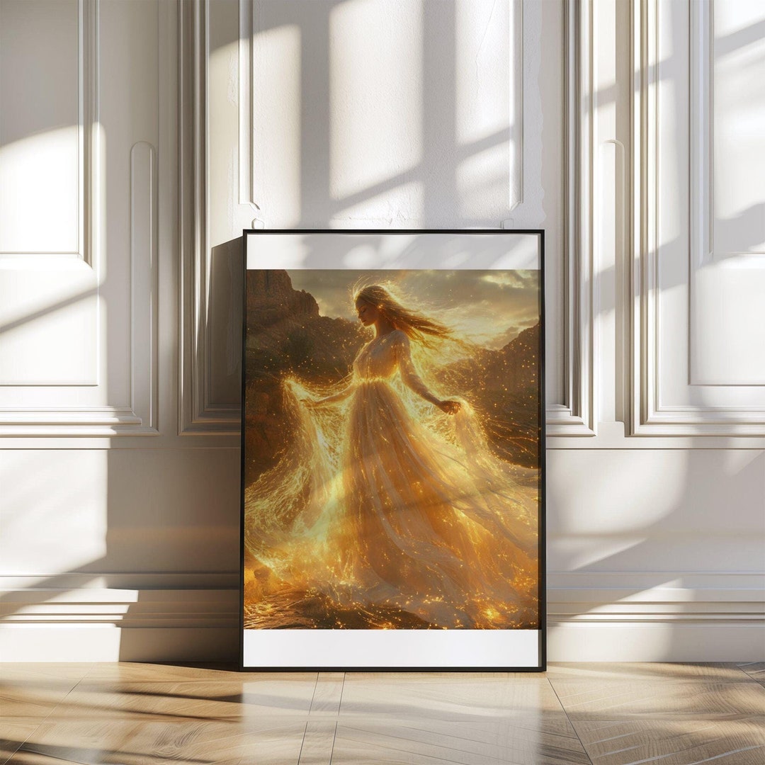 Enchanting Wall Art With Ethereal Woman, Gold Light Dress, Radiant Home ...