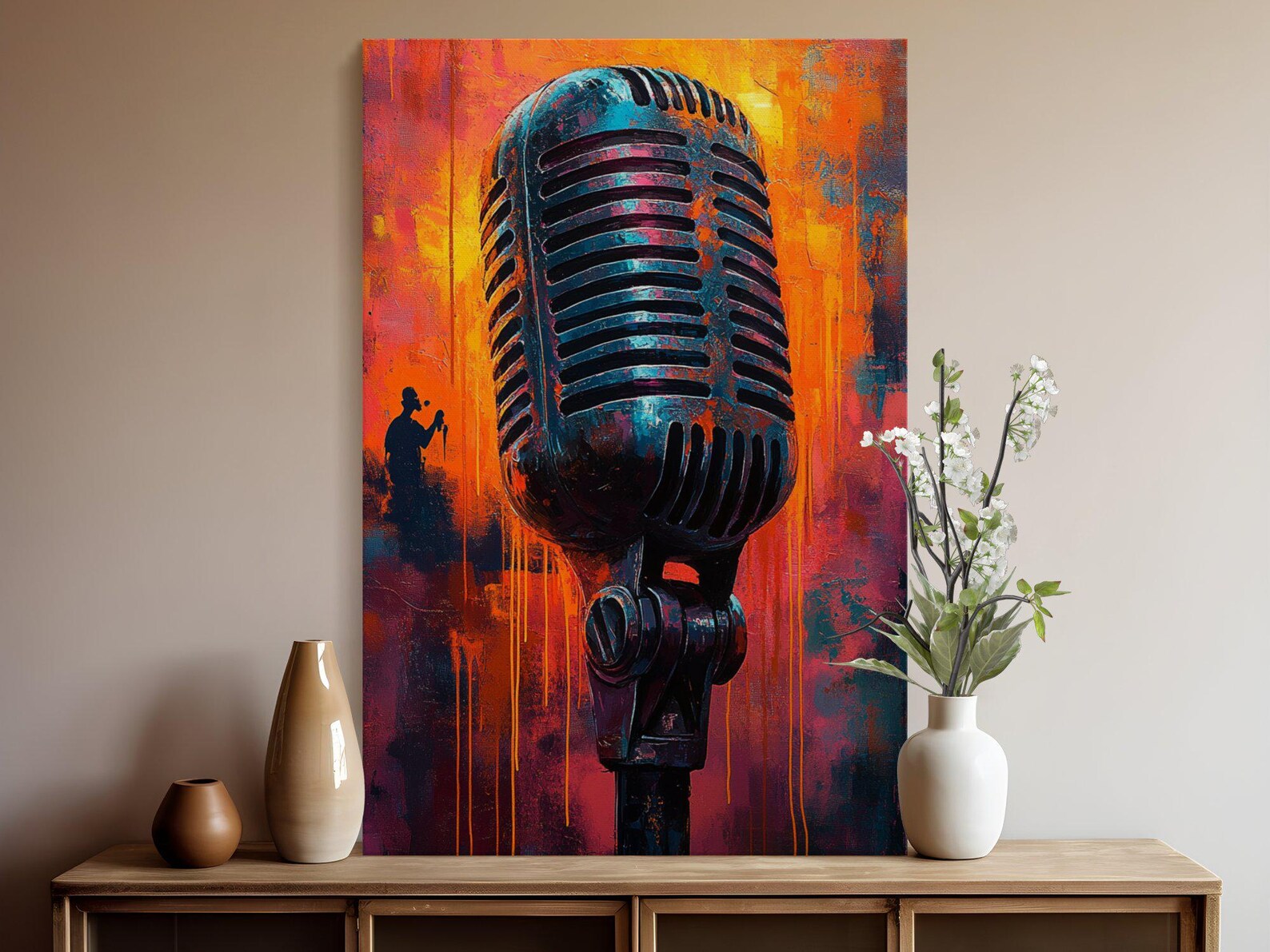 Retro Microphone Wall Art Print or Stretched Canvas, Vibrant Music ...