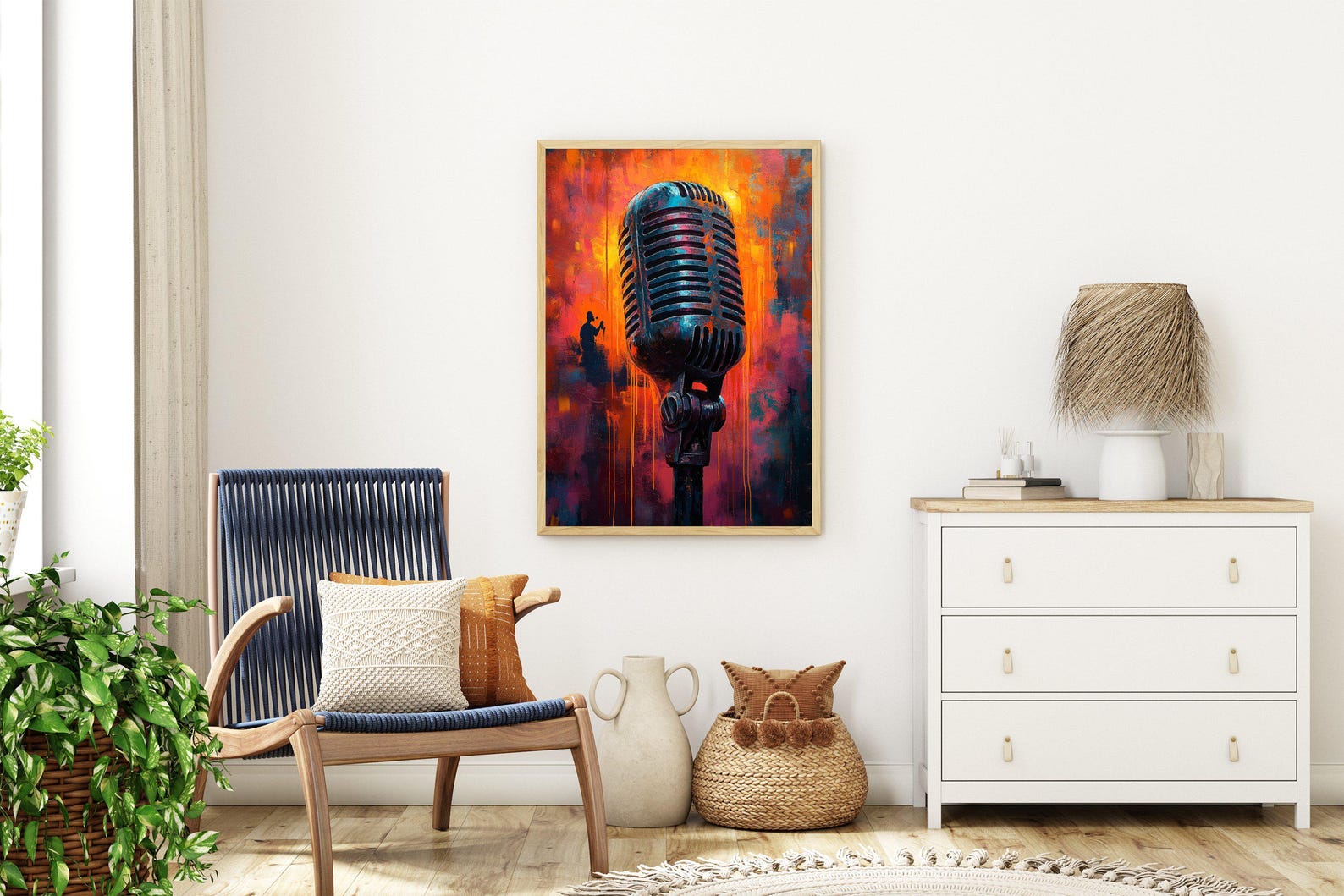 Retro Microphone Wall Art Print or Stretched Canvas, Vibrant Music ...